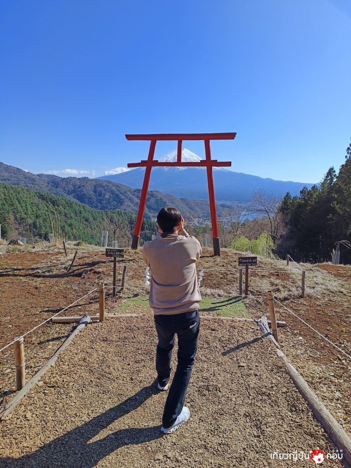 Yamanashi: ซุ้มประตูโทริอิแห่งท้องฟ้า Tenku-no-Torii ศาลเจ้า Kawaguchi Asama Shrine ที่มีฉากเป็น ...